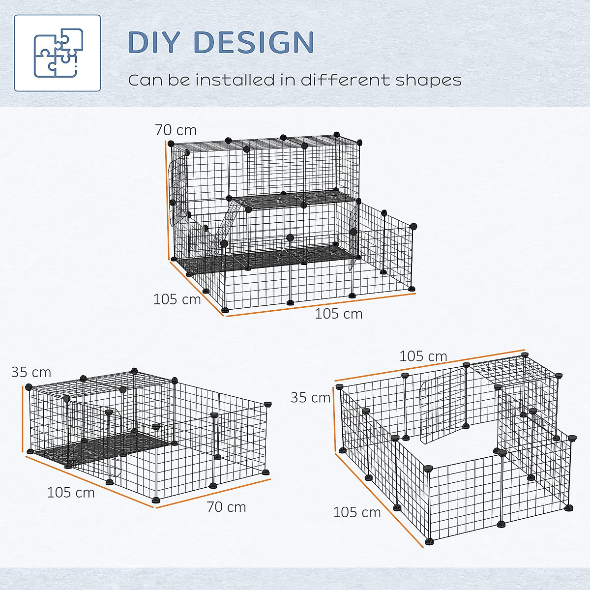 PawHut Small Animal Playpen C&C Cage Wire Bunny Pen for Kitten, Chinchillas, with Doors, Ramps and Trays, Black