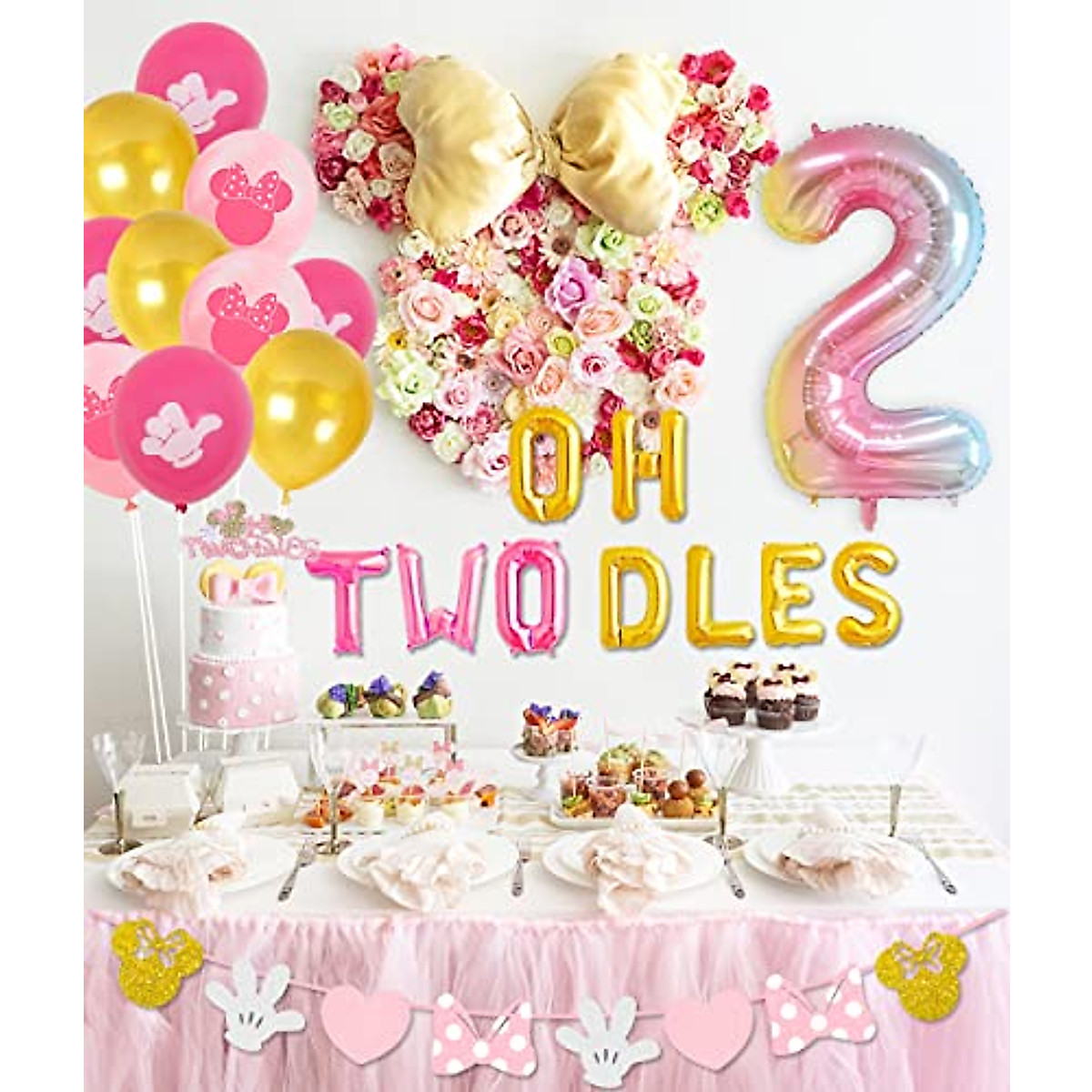 Cartoon Mouse 2nd Birthday Decorations for Girl Pink and Gold Oh Twodles Birthday Party Supplies with Cake Topper Number 2 Foil Balloon Happy Birthday Banner Garland for Cartoon Mouse Themed Party Decorations