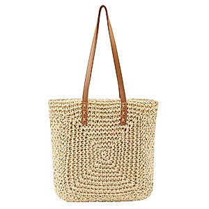 Ayliss Women Straw Shoulder Handbag Tote Shoulder Bag Summer Beach Woven Handmade Weaving Casual Bag for Vocation Travel (Beige)
