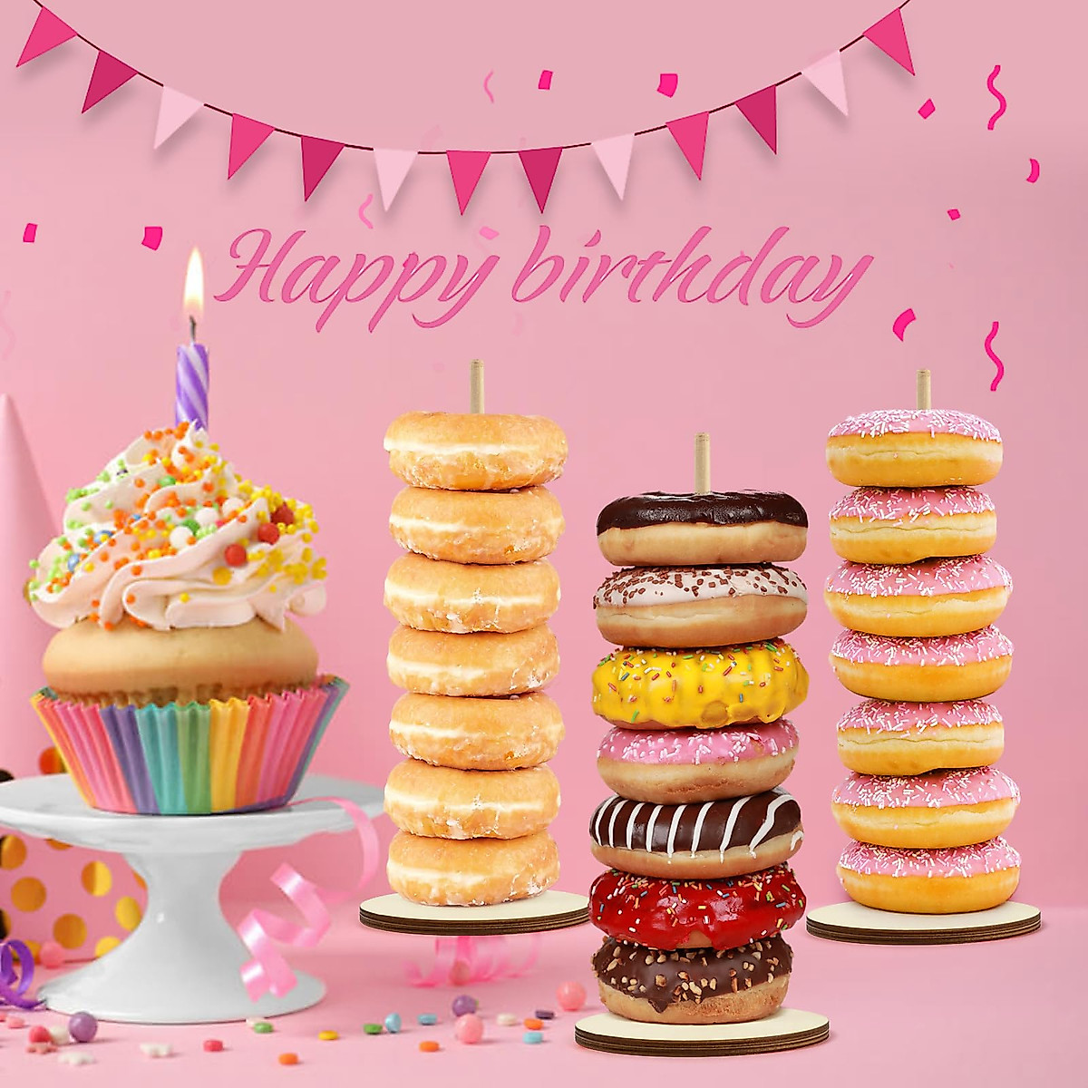 YGAOHF 5 PCS Reusable Wooden Donut Stands for Dessert Table - Detachable Doughnut Holder Bagels Display Stand Holder for Wedding Birthday Christmas Party Supplies