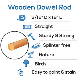 Dowel Rods Wood Sticks Wooden Dowel Rods - 3/16 x 18 Inch Unfinished Hardwood Sticks - for Crafts and DIYers - 25 Pieces by Woodpeckers