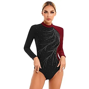 dPois Womens Gymnastics Leotards Long Sleeve Shiny Dance Ballet Performance Unitards Bodysuit Top Dancewear Burgundy Medium
