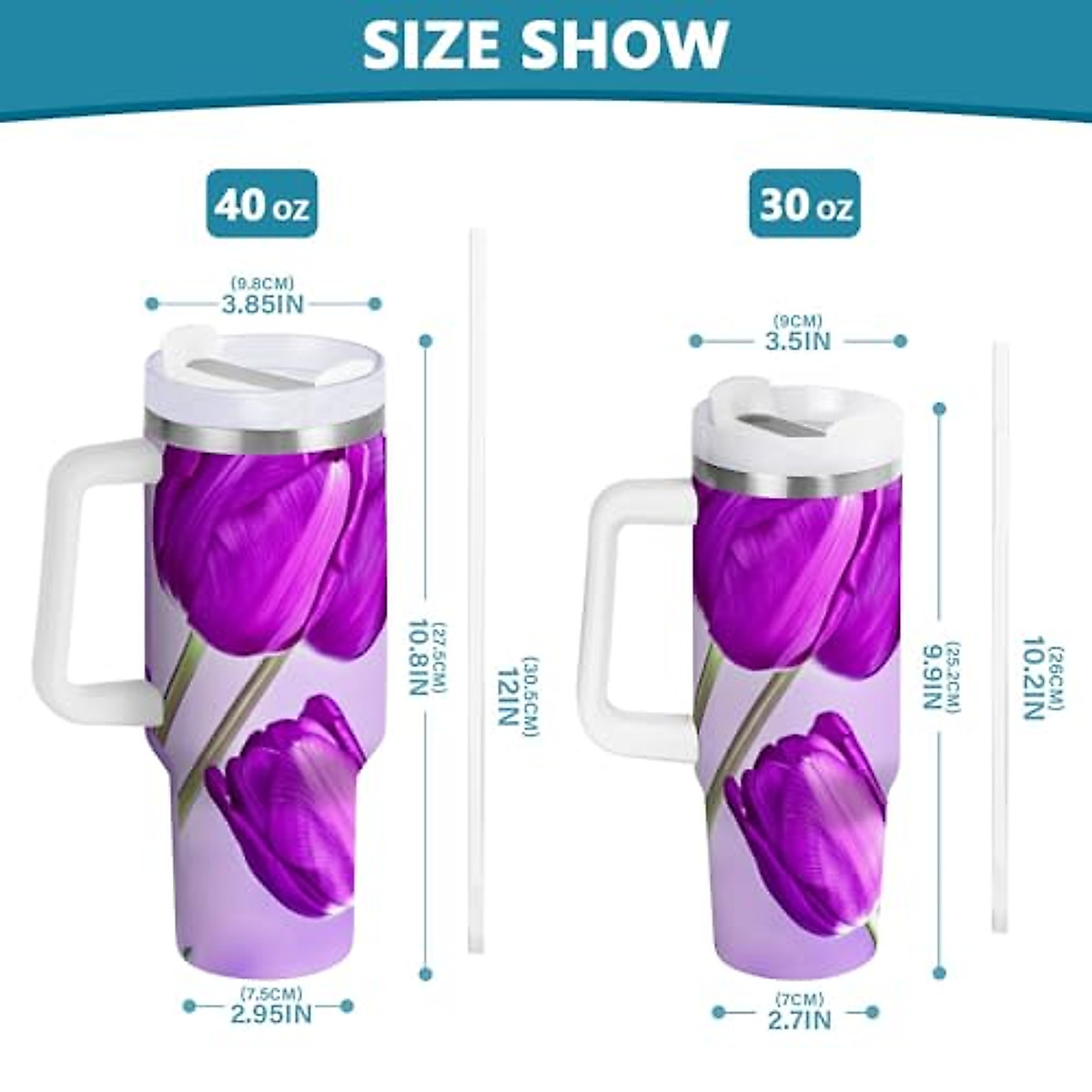 Vacuum Insulated Tumbler 40 Oz with Straw and Handle, Purple Tulips Light Purple Travel Coffee Tumbler