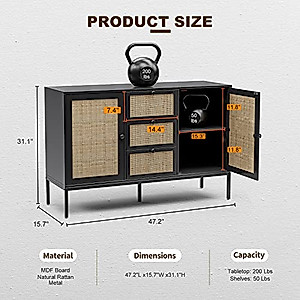 IKIFLY Rattan Sideboard Buffet Cabinet, Boho Rattan Storage Cabinet with 3 Drawers and 2 Doors, Accent Console Table Cabinet for Living Room, Kitchen, Dining Room, Entryway - Black