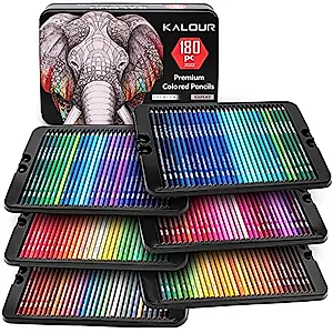 KALOUR 180 Colored Pencil Set for Adults Artists kids- 3.3mm Rich Pigment Soft Core -12 Metallic Pencil - Wax-Based - Ideal for Coloring Drawing Sketching Shading Blending - Vibrant Color（Tin Case）