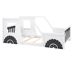 MERITLINE Twin Size Kids Floor Bed with Car-Shaped and Wheels, Wooden Twin Platform Bed Frames with Doors and Windows, Twin Car Bed with Slat Support for Kids Boys Girls, No Box Spring Needed, White