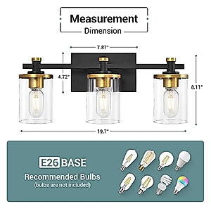 Atocif Bathroom Vanity Light 3-Light, Black and Gold Bathroom Light Fixtures with Clear Glass Shade, Vintage Bathroom Vanity Lights, Modern Wall Sconce for Bathroom, Living Room, Hallway, Bedroom