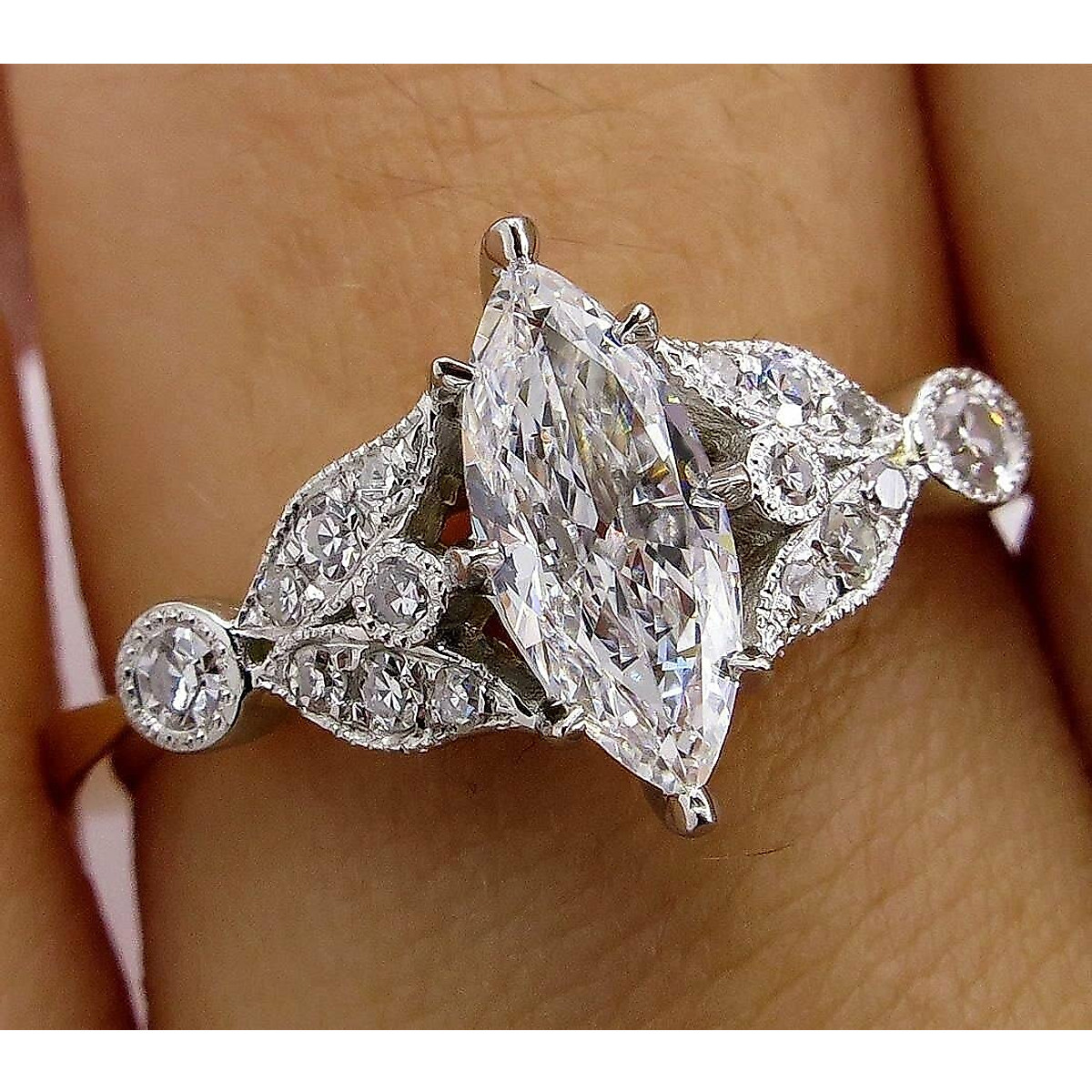 BeBold 3Ct Marquise Cut Moissanite Vintage Inspired Leaf Accent Engagement Ring for Women Sterling Silver Dual Rhodium Plated