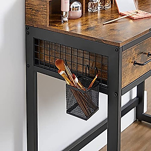 VASAGLE Vanity Table with Upholstered Stool Set, Dressing Table Desk, Makeup Table with Tri-Fold Mirror, 3 Drawers, Hair Dryer Stand, Industrial Style, Rustic Brown and Black URVT004B01