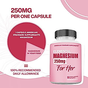 Magnesium Glycinate for Women, Elemental 250mg Per One Capsule, 90 Capsule, 90 Day Supply, Magnesium Glycinate Chelate, Magnesium Glycinate Capsule, Magnesium Supplement, Chelated for Max Absorption