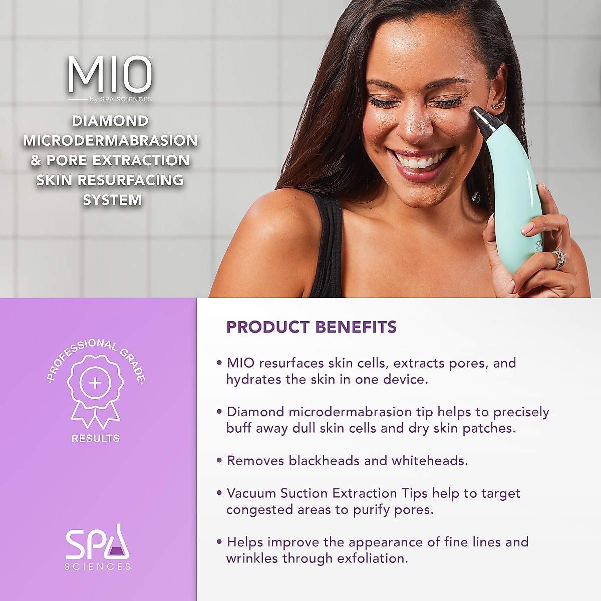 Spa Sciences MIO Diamond Microdermabrasion Blackhead Remover, Pore Suction Tool–Rechargeable-Dermatologist Recommended Skin Resurfacing System for Anti-Aging-Exfoliator for Acne Scars/Wrinkles (Mint)