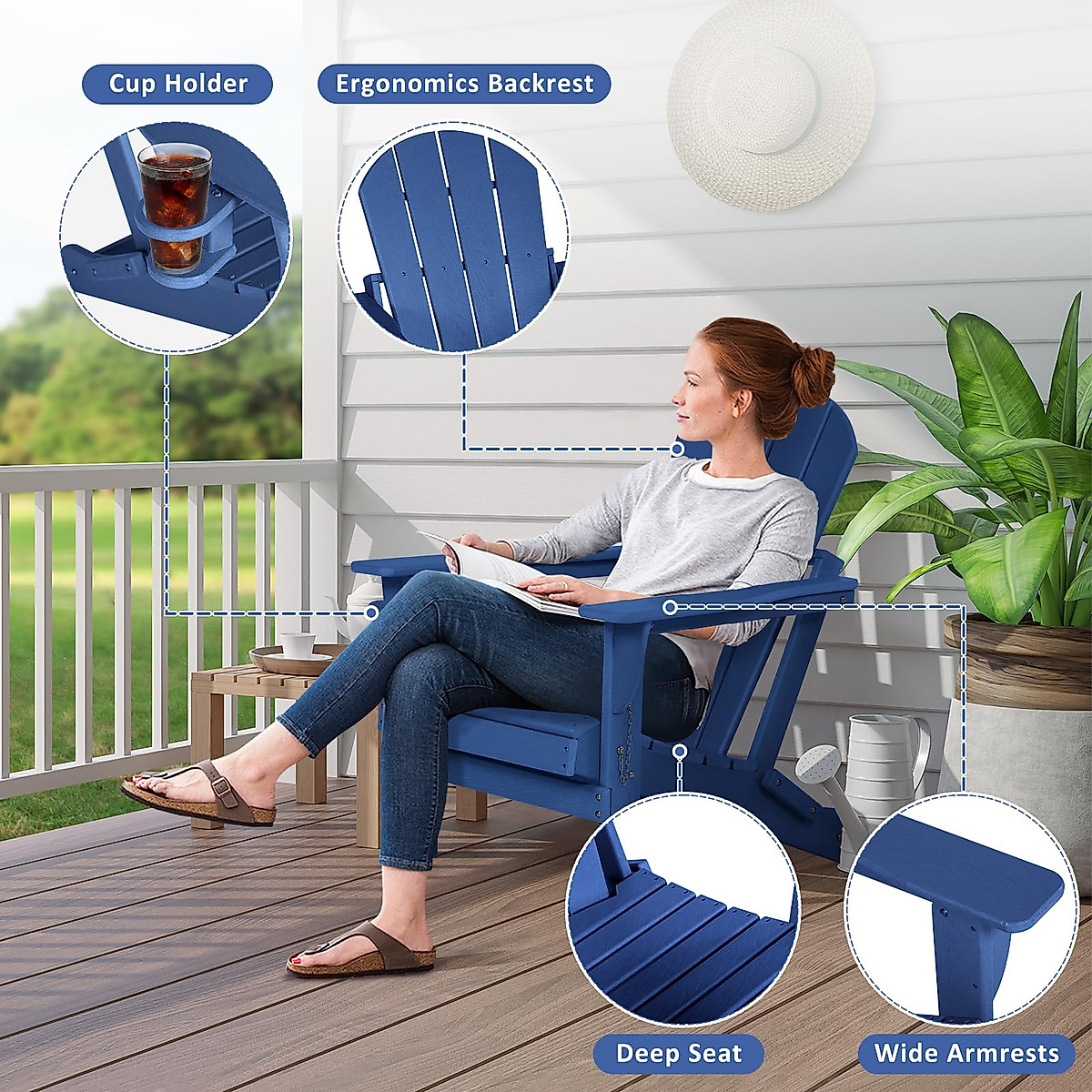 LOENIY Adirondack Chair with Cushion & Cup Holder, HDPE Folding Adirondack Chair with Wood-Like Grain Outdoor Fire Pit Chairs for Patio/Porch/Swimming Pool/Camping (Blue)