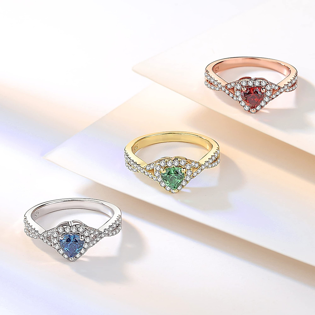 Personalized Birthstone Promise Rings Heart Love Halo Ring for Women 1 Stone Jewelry for Mother Daughter Her Best Friends Custom Engraved Name Gift.