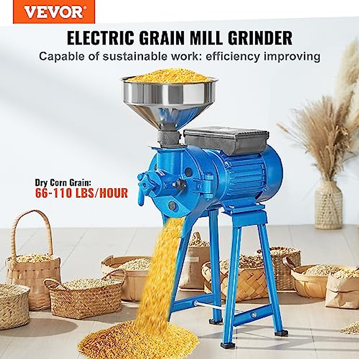 VEVOR Electric Grain Mill Grinder, 1500W 110V Spice Grinders, Commercial Corn Mill with Funnel, Thickness Adjustable Powder Machine, Heavy Duty Feed Flour Cereal Mill Wheat Grinders, Dry & Wet Grinder
