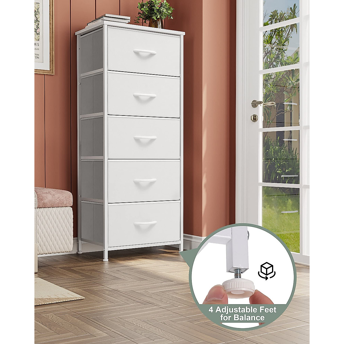Crestlive Products Tall Dresser Vertical Storage Tower - Sturdy Steel Frame, Wood Top, Easy Pull Fabric Bins - Organizer Unit for Bedroom, Hallway, Entryway, Closets - 5 Drawers(White)