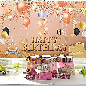 Happy 8th Birthday Backdrop Banner Rose Gold 8th Sign Poster 8 Birthday Party Supplies for Anniversary Photo Booth Photography Background Birthday Party Decorations, 72.8 x 43.3 Inch
