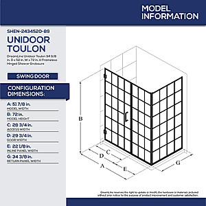 DreamLine Unidoor Toulon 34 in. D x 52 in. W x 72 in. H Frameless Hinged Shower Enclosure in Satin Black, SHEN-2434520-89