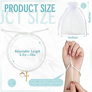 Ferreve 30 Sets Baptism Party Favors Cross Heart Bracelet Bulk with Organza Bag Christian Adjustable Religious Braided Rope for Church Wedding Baby Shower First Communion Sunday School Gifts(Gold)