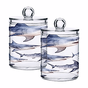 GOODOLD Cute Sharks Qtip Holder 2 Pack - 10 Oz Clear Plastic Apothecary Jar Set for Bathroom Organization - Versatile Canister Storage for Cotton Balls, Swabs, Rounds