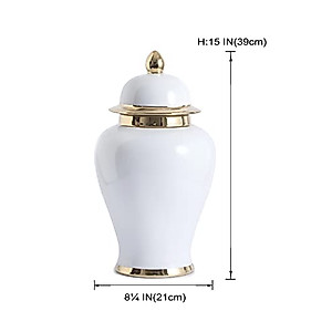 GaLouRo White Ginger Jar with Gold Trim, Ginger Jar Vase Decor for Centerpiece Table Decorations,Living Room Decor, Shelf Decor,15inches
