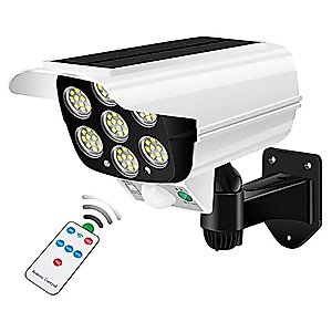 Outdoor Motion Sensor Solar Lights 2000 Lumens 77 LEDs Spotlight With Remote Controller FloodLights Outdoor IP66 Waterproof, Wireless Dummy Decoy Fake Security Camera for Porch Garden Patio Driveway