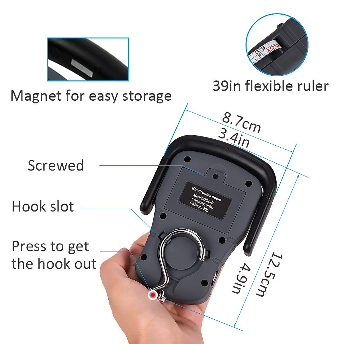 Fishfun Digital Fish Scale, Electronic Hanging Fish Weight Scale with Large Handle & Measuring Tape, 110lb/50kg Fishing Scale, 3 AAA Batteries Included, Fishing Gifts for Men