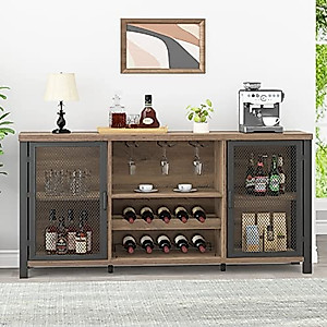 Launica Wine Bar Cabinet, Industrial Coffee Bar Cabinet Farmhouse for Liquor and Glasses, Sideboard Buffet Cabinet with Storage Rack for Home Kitchen Dining Room, Rustic Oak, 55 In