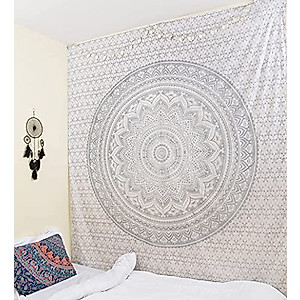 raajsee Glittering Silver Grey Tapestry Wall Hanging Mandala-Bohemian Room Decor-Indian Cotton Throw Hippie Tapestries -Queen Bedspread 82x92 inches