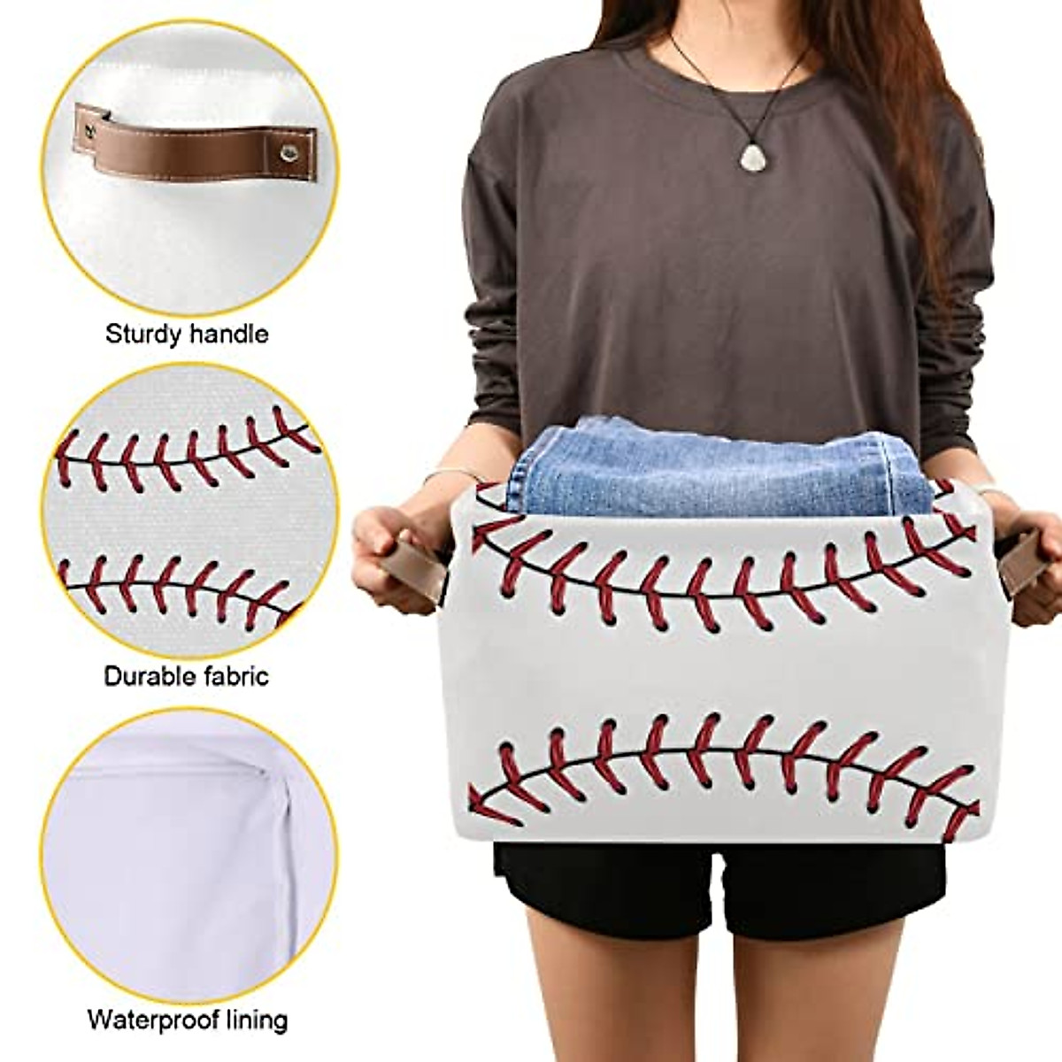 Softball Baseball Lace Rectangular Storage Basket Storage Bin Collapsible Storage Box with Leather Handles Empty Gift Baskets Organizer for Office, Office