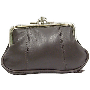 Leather Coin Purse Kiss Lock Framed Mini Wallet Credit Card Holder Case Organizer (Brown)