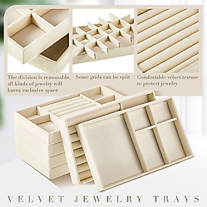 Junkin 18 Pcs Velvet Jewelry Tray Stackable Jewelry Drawer Organizer Dresser Inserts Closet Jewelry Box Divided Display Tray for Bracelet Brooch Necklace Ring Earring Watch Bangle (Beige)