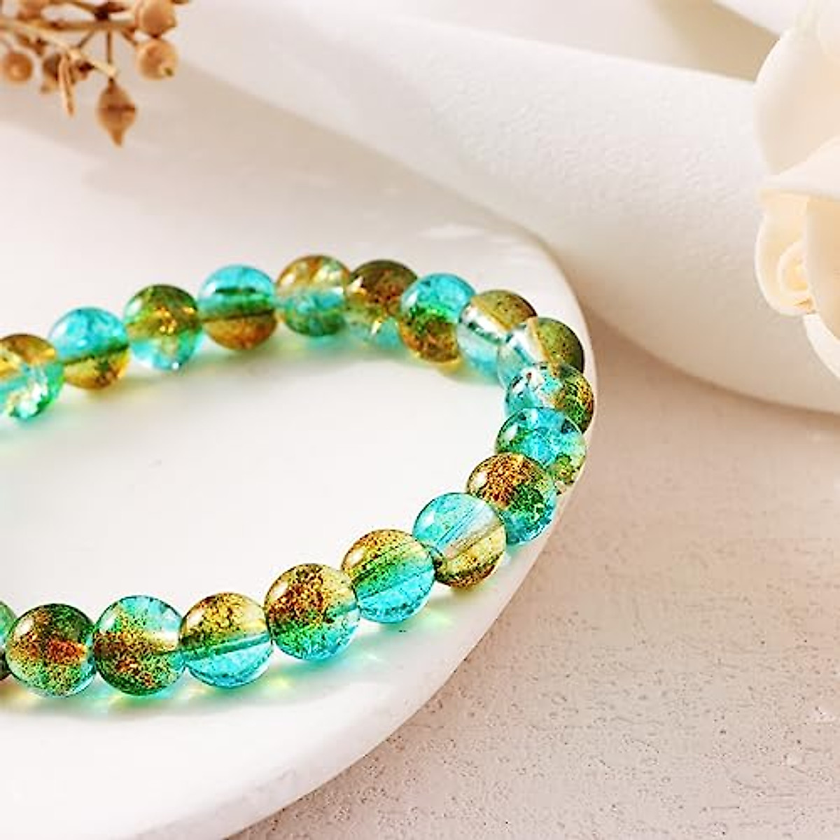 JEWPARK 22Pcs 8MM Beaded Stretch Bracelet Handmade Round Glass Bracelet for Women Men Multicolor Beads Elastic Bracelet Gift