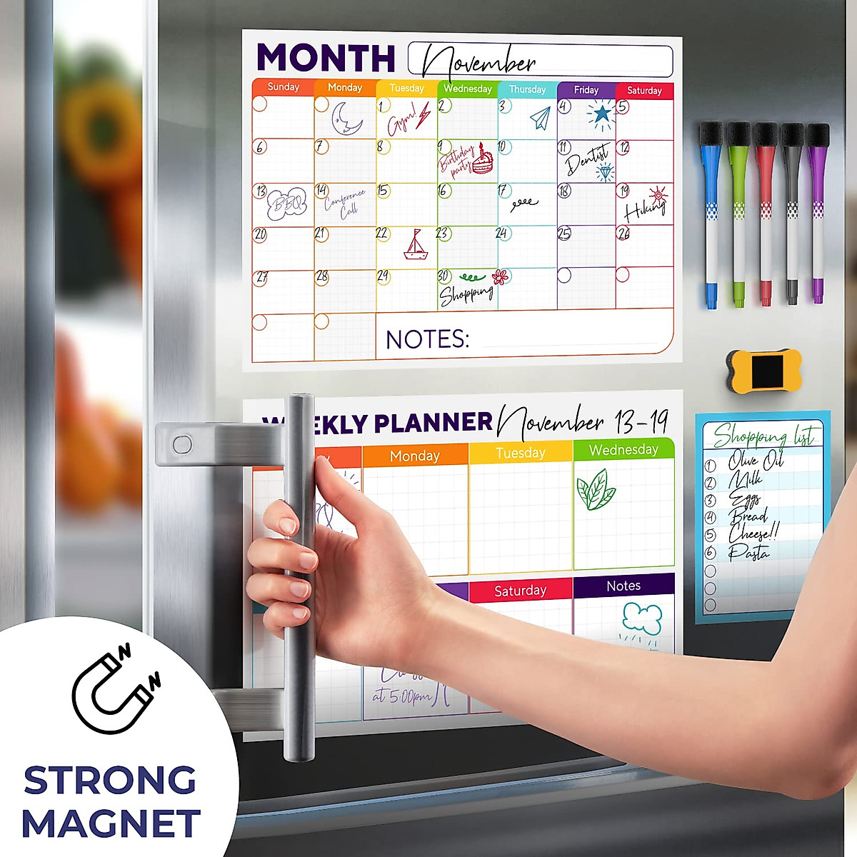 Magnetic Dry Erase Whiteboard Calendar for Fridge Set of 3 - Includes: Monthly, Weekly & Daily Calendar Whiteboard, Grocery List, 5 Markers & Eraser - Perfect Calendar to Get Organized Every Day