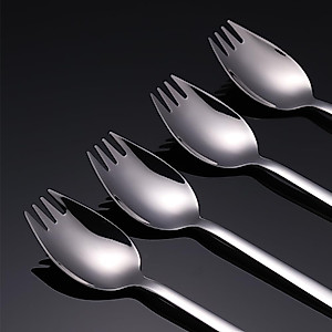 tiokin Sporks,4-Pack Salad Forks 18/10 Stainless Steel 7.4 Inches Long Handle Dessert Spoons Ice Cream Spoons Flatware Set Reusable Fruit Appetizer Dessert Forks for Household Use or Camping