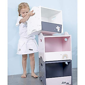 labebe Baby Storage Box Wooden, Toddler Organizer Cubes Wood for Infant 12 Month & Up, Nursery Storage Box for Toys/Clothes/Books/Food, 3- Layer Kid Container Multi-Color Unicorn Printed