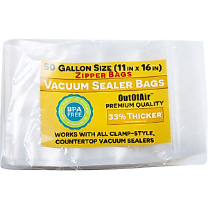 50 Gallon Size Zipper Vacuum Sealer Bags (11" x 16") OutOfAir Vacuum Seal Zip Bags, Works with FoodSaver & Other Savers, 33% Thicker BPA Free Commercial Grade Great for Snacks On The Go