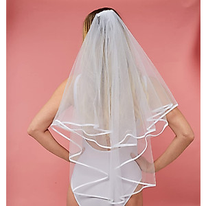 KUNG FU PARTY White Double Ribbon Edge Center Cascade Bridal Wedding Veil with Comb and Bride To Be Satin Sash Bachelorette Party Decorations Supplies