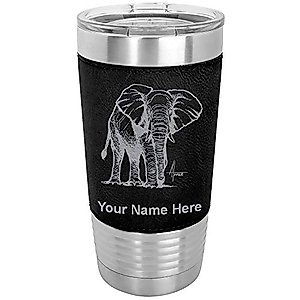 LaserGram 20oz Vacuum Insulated Tumbler Mug, African Elephant, Personalized Engraving Included (Faux Leather, Black)