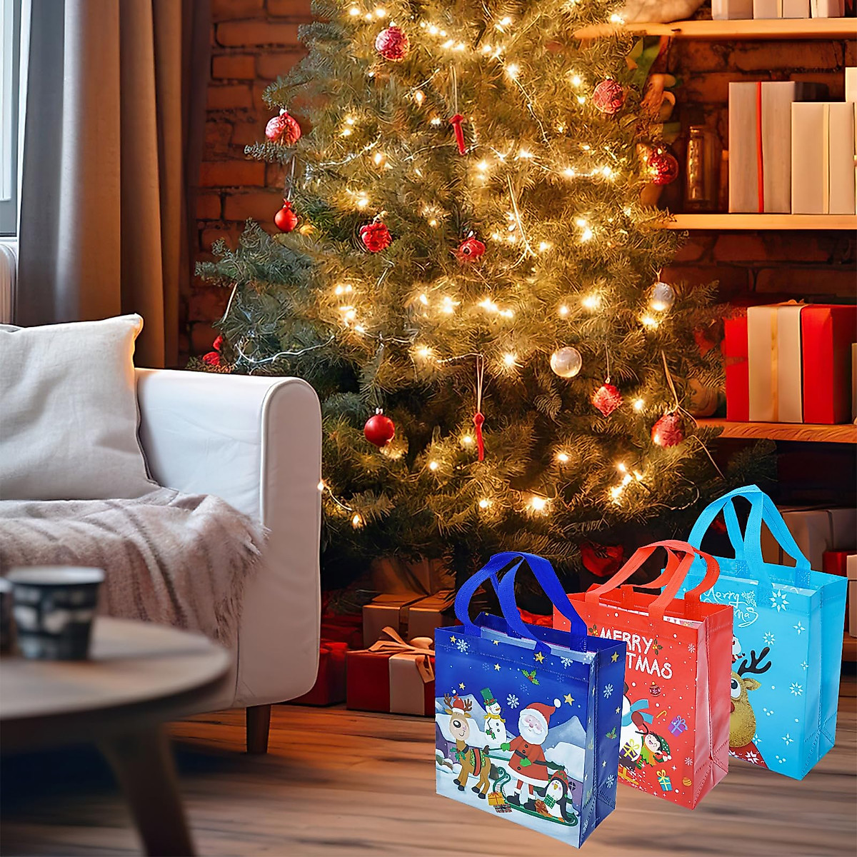 Christmas Gift Bags Tote-Bag with Handles - 12 Pack Reusable Non-Woven Xmas Party Supplies Present Holiday Santa Claus Merry Christmas Pattern for New Year Shopping L9.5"xH10.2"xW4.3" (L24xH26xW11cm)