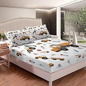 jejeloiu 7 Pieces Excavator Comforter Set Full Size & Excavator Sheet Set Full Size