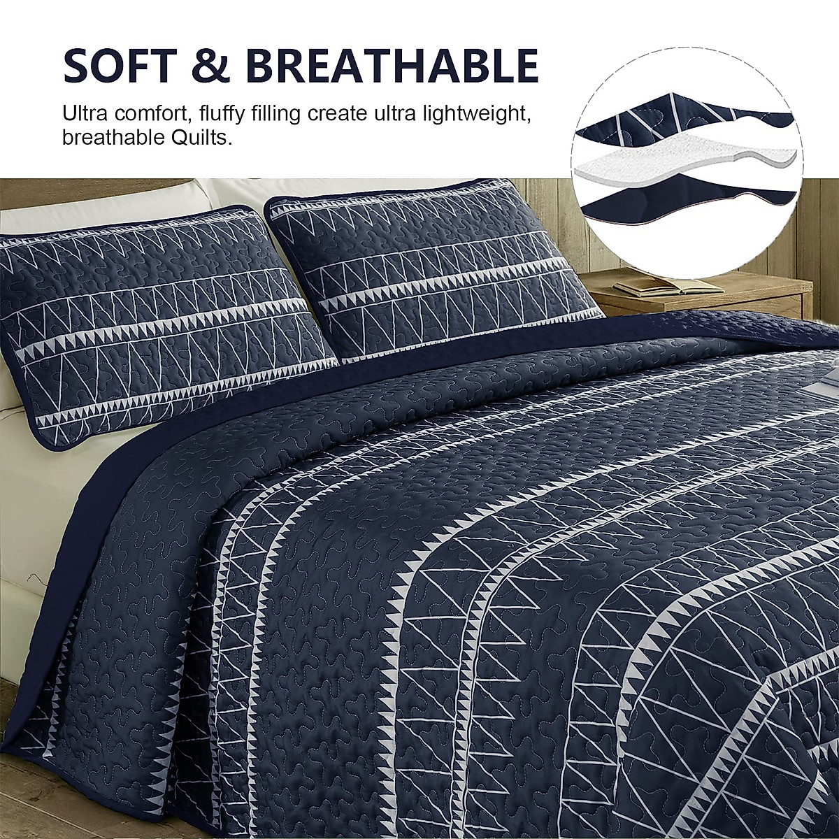 WONGS BEDDING Navy Blue Quilt King Size, Boho Striped Triangle Bedding Bedspread Coverlet Set, Microfiber Lightweight Bohemian Quilt Set for All Season 3 Pieces 90x104 in