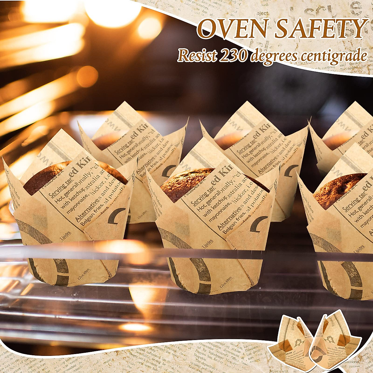 400 Pieces Tulip Cupcake Liners Newspaper Print Paper Cupcake Liner Greaseproof Muffin Liners Grease Resistant Cupcake Wrappers for Weddings Birthday Baby Showers Festival Party Supplies (Brown)