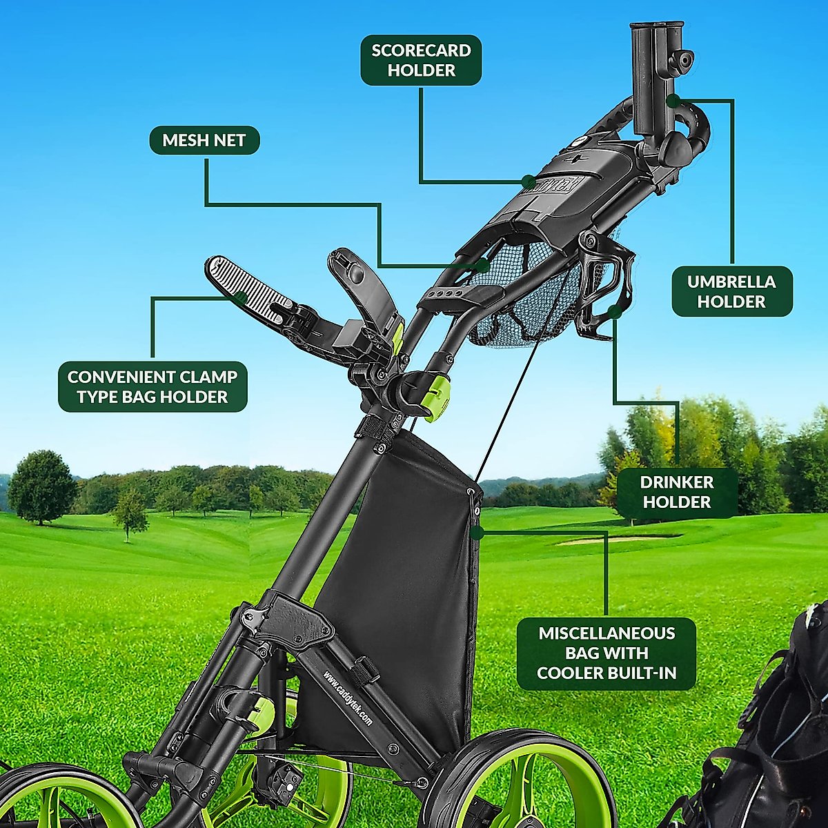 caddytek 4 Wheel Golf Push Cart - Compact, Lightweight, Close Folding Push Pull Caddy Cart Trolley - Explorer V8, Lime
