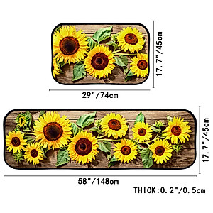 TsingZa Kitchen Rug Set Standing Mat 2 Piece Sunflower Vintage Board, Non Slip Kitchen Floor Mat, Absorbent Runner Carpets for Sink (18”x58”+18”x29”)