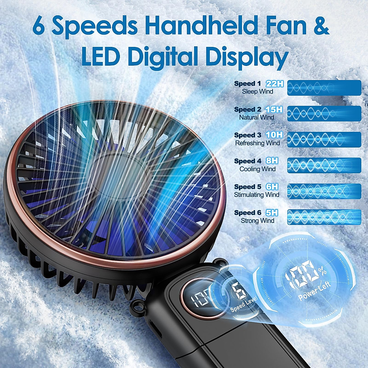 Portable Handheld Fan,5200mAh Personal Fan with LED Display,3-in-1 180° Foldable Mini Fan with 6 Speed,Desk Fan Rechargeable Hand Held Fan for Lash,Small Fan for Travel Office Women Girls (Black)