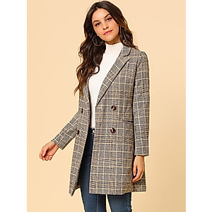 Allegra K Women's Double Breasted Notched Lapel Plaid Trench Blazer Coat Medium Brown