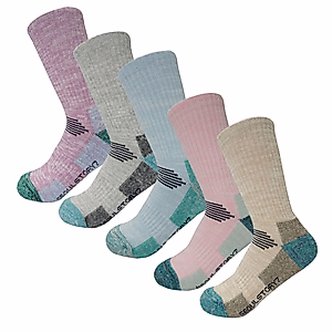 SEOULSTORY7 5Pack Women's Multi Performance Padded Hiking/Outdoor Crew Socks Year Round Design2-5Pair Purple/Light Gray/Light Blue/Pink/Beige Small