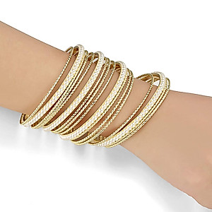Ensoul Shiny Gold With Lt.Cream White Color Acrylic Pearl-beads Mixed Metal Girls&Women Bangles Set of 17