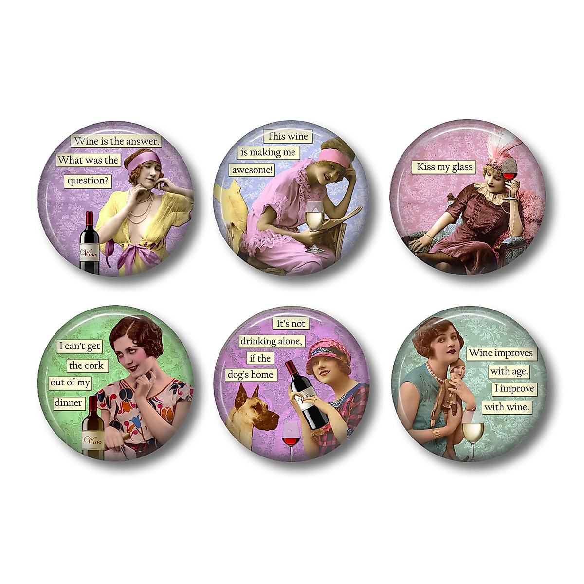 Wine Humor - Fridge Magnets - Funny Magnets - 6 Magnets - 1.5 Inch Magnets - Wine Magnets - Gift for Wine Lover - Retro Kitchen - Sarcastic Quotes
