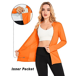 MAGCOMSEN Long Sleeve Hooded Jacket for Women SPF 50 Sun Shirt Performance Hoodie with Pockets Running Active Wear, Orange, L